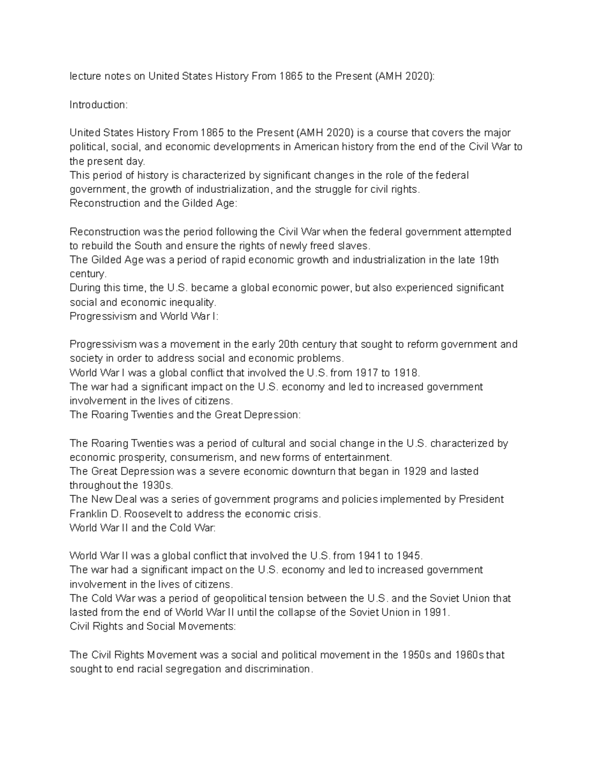 Lecture Notes on US History Since 1865 (AMH 2020) - Studocu