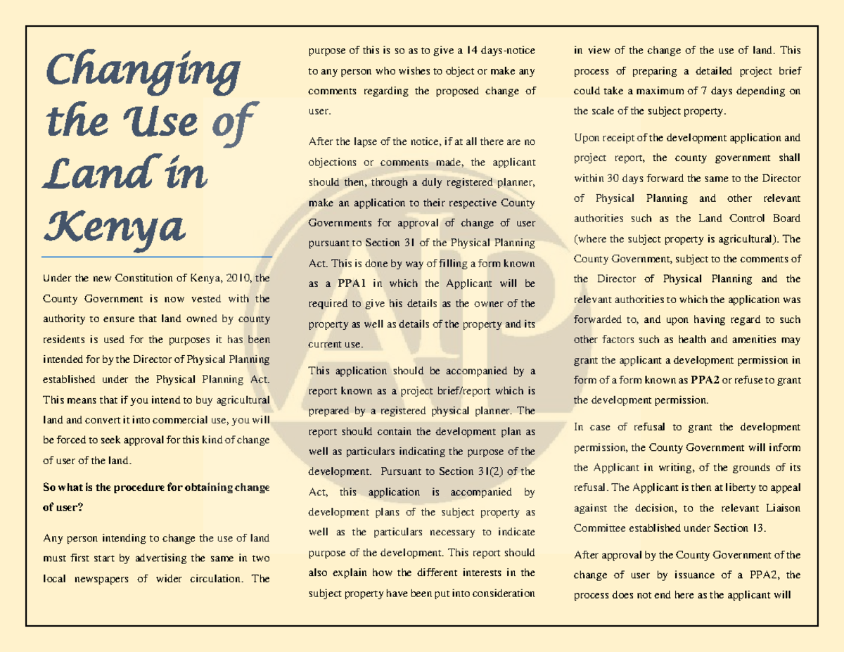 Change of Use of Land in Kenya: Procedures and Regulations - Studocu