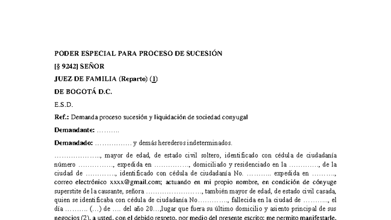 Poder Especial para Proceso de Sucesión - Ejemplo (Bogotá D.C.) - Studocu