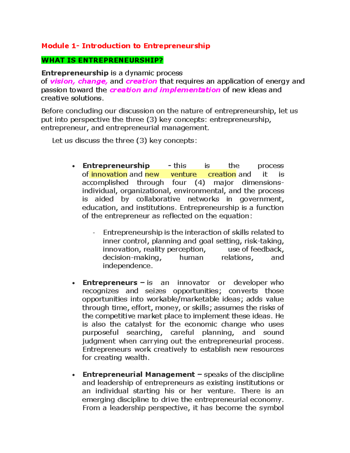 ENT 101: Introduction to Entrepreneurship Lecture Notes - Studocu