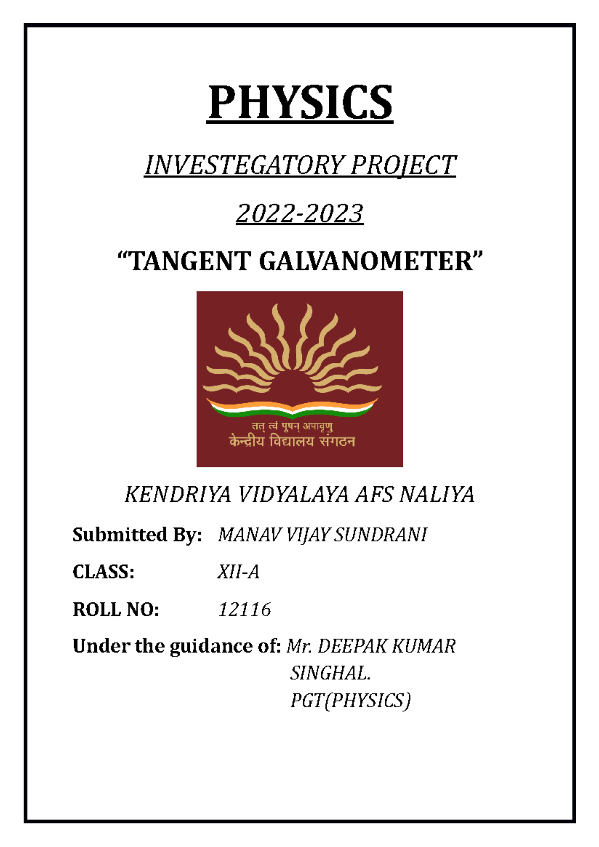 Physics - Investegatory project on "Tangent Galvanometer" - PHYSICS ...