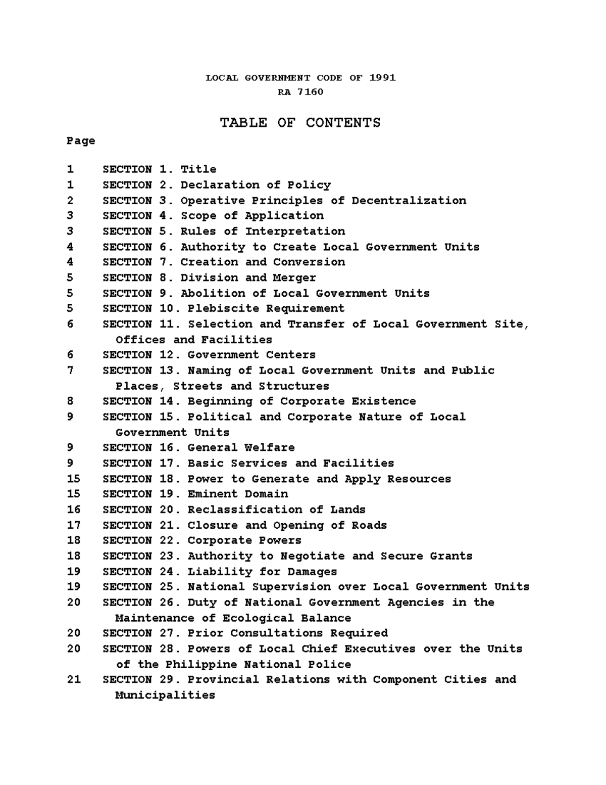 Table of Contents Local Government CODE OF 1991 - LOCAL GOVERNMENT CODE ...