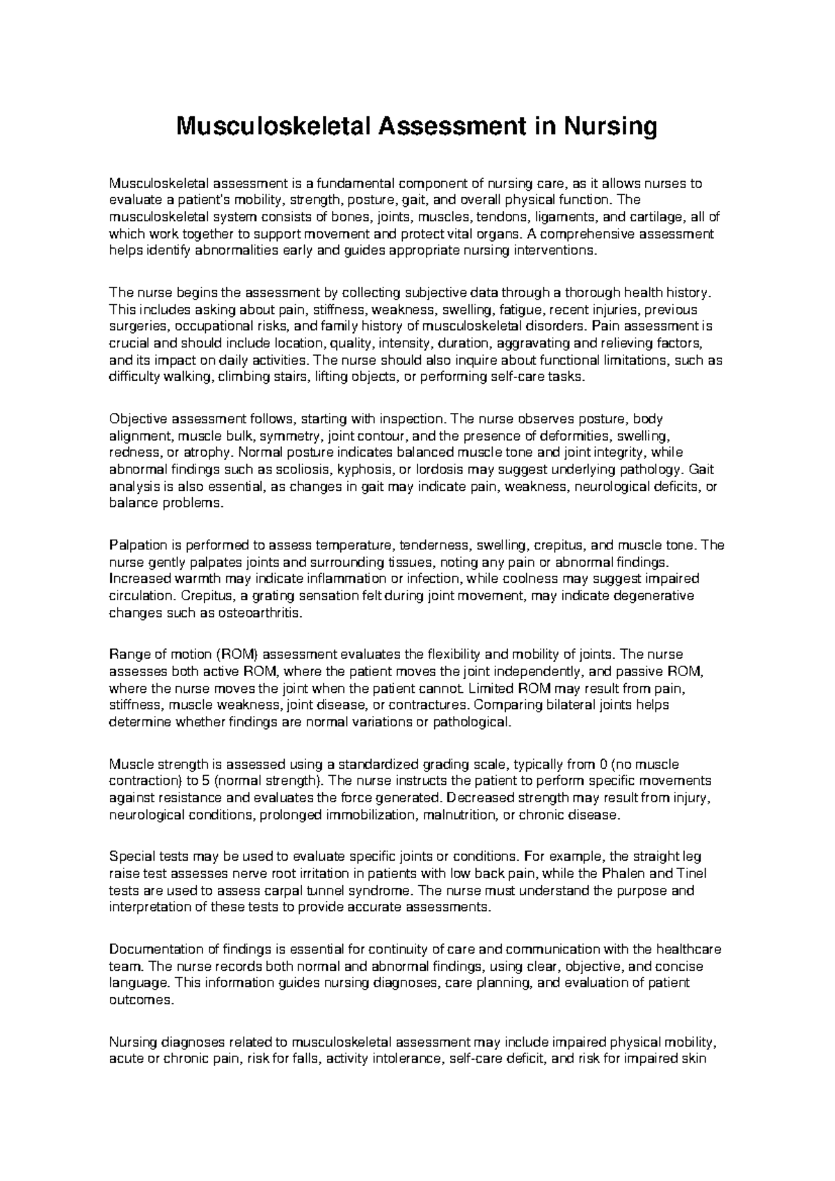 Musculoskeletal Assessment in Nursing: MS Nursing Notes 1 - Studocu