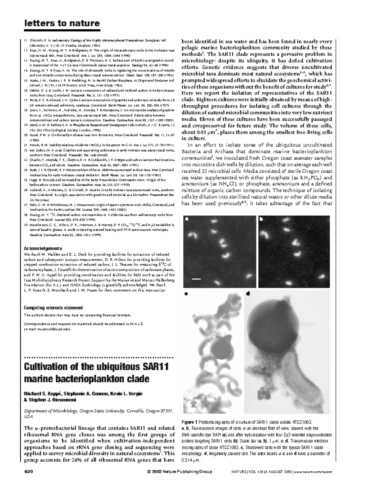Cultivation of SAR11 Marine Bacterioplankton Clade: Insights and ...