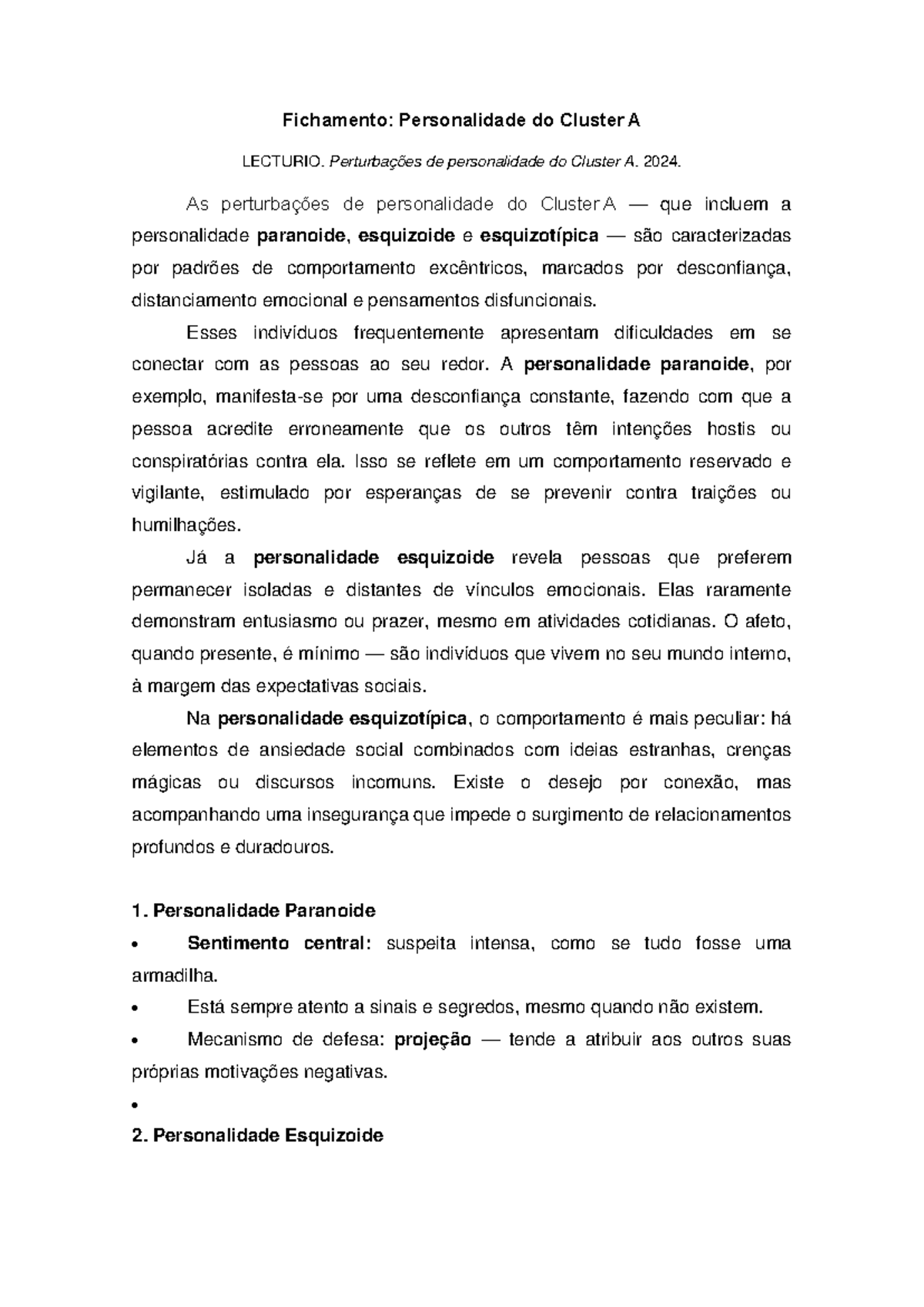 Fichamento: Transtornos de Personalidade do Cluster A - LECTURIO - Studocu