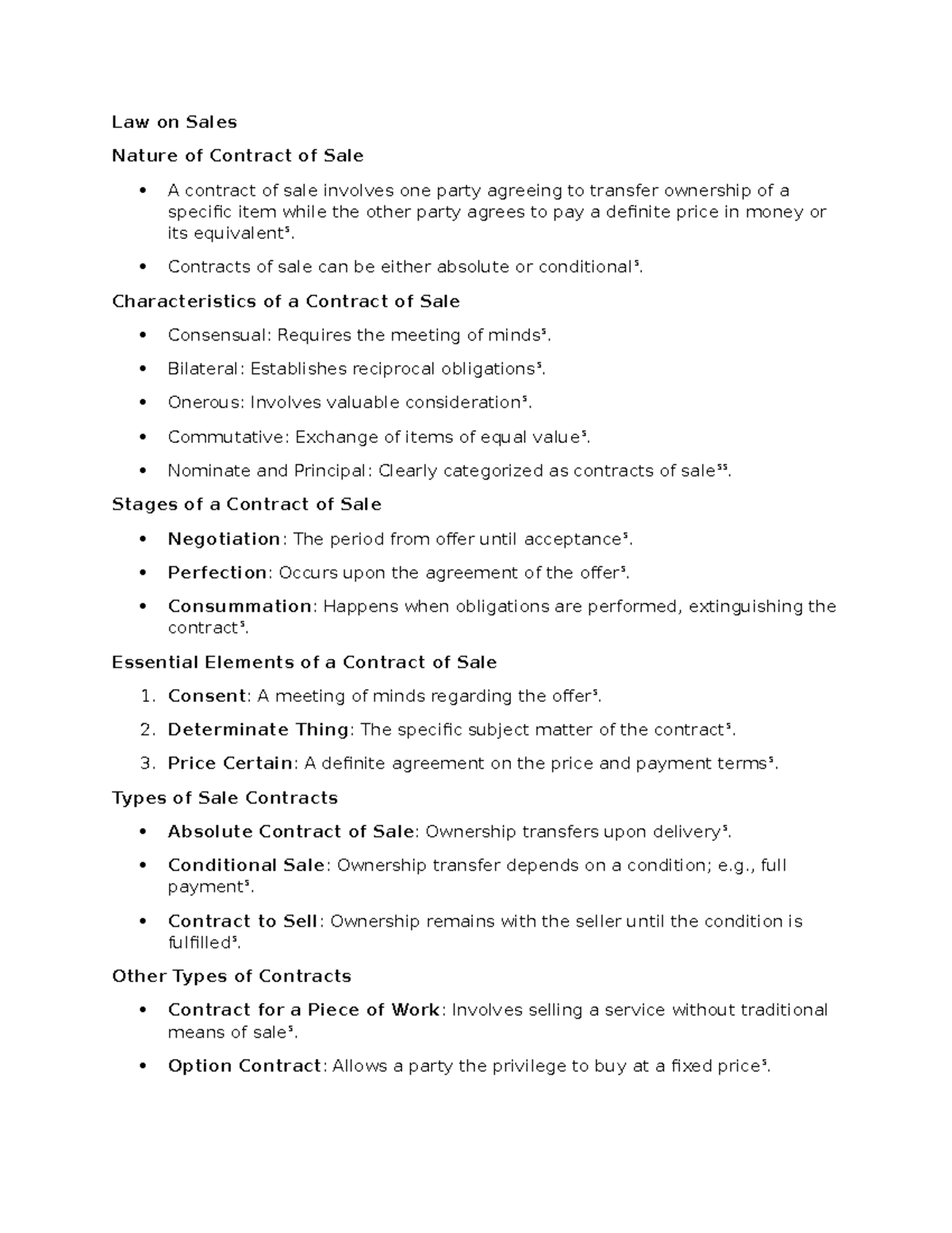 LAW 101: Summary of Sales Contract Principles and Characteristics - Studocu