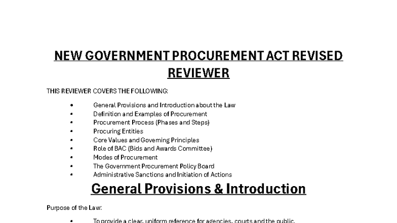 New Government Procurement Act (RA 12009) Comprehensive Reviewer - Studocu