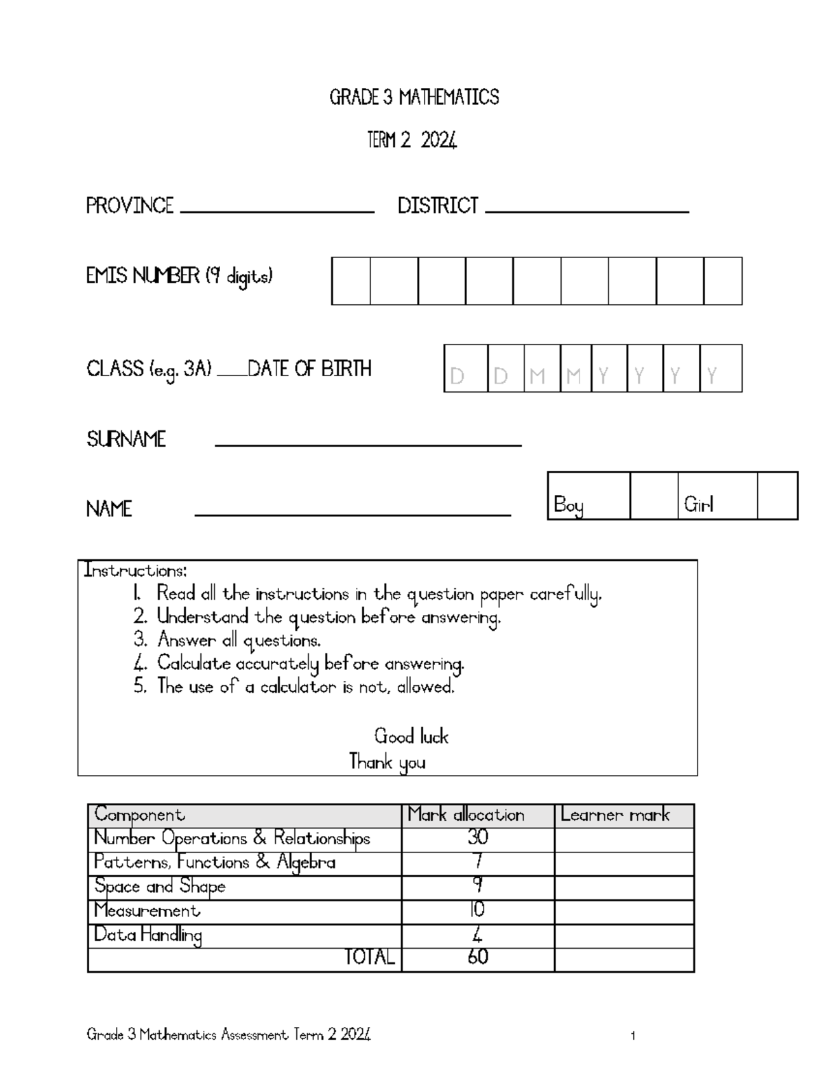 Grade 3 Mathematics Assessment Term 2 2024 - Studocu