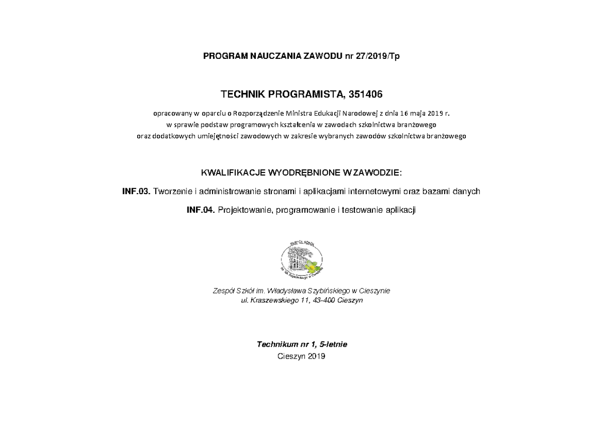 Program nauczania zawodu Technik Programista 351406 (nr 27/2019/Tp) - Studocu