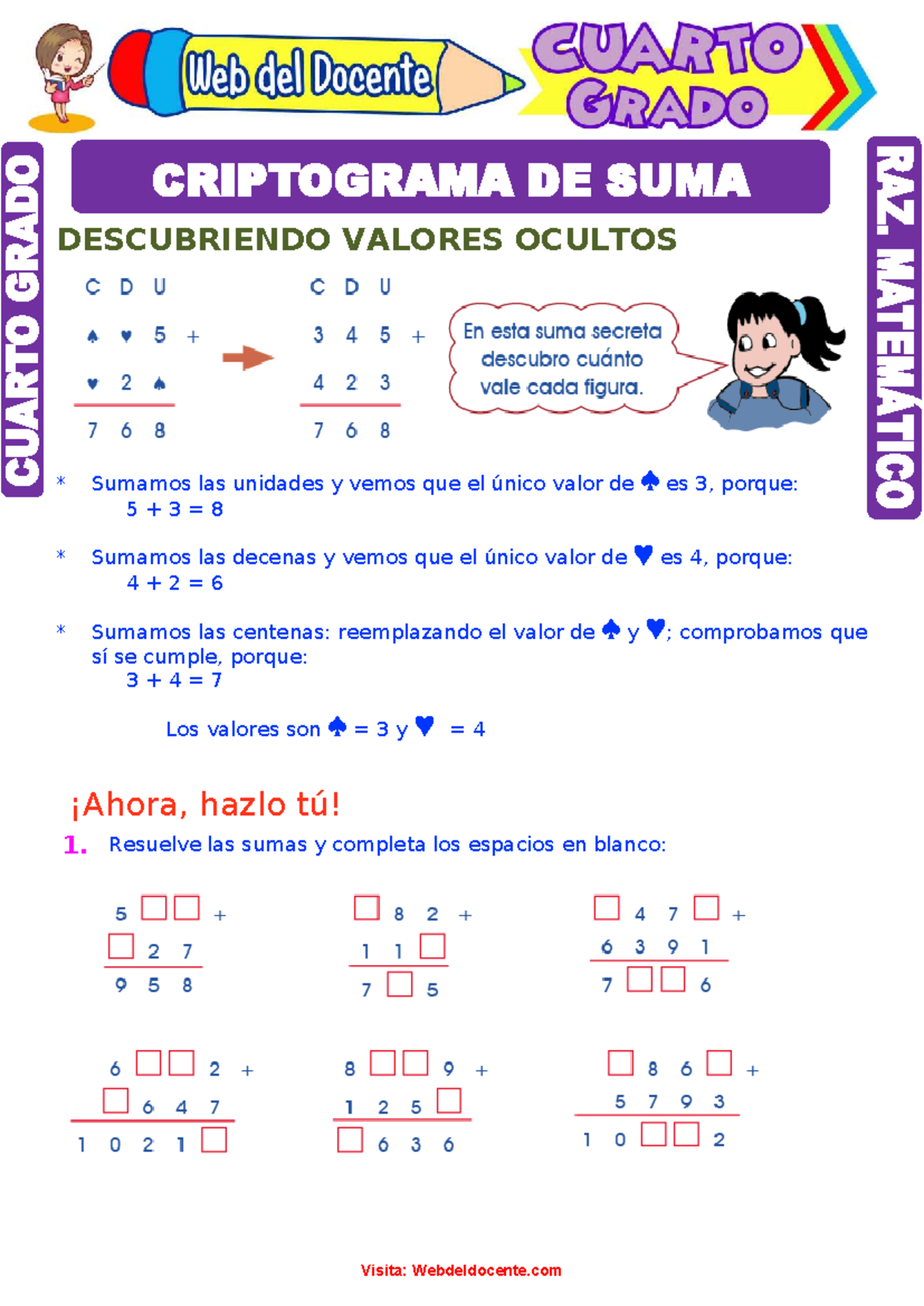 Criptograma de Suma para Cuarto Grado de Primaria - DESCUBRIENDO VALORES OCULTOS * Sumamos las ...