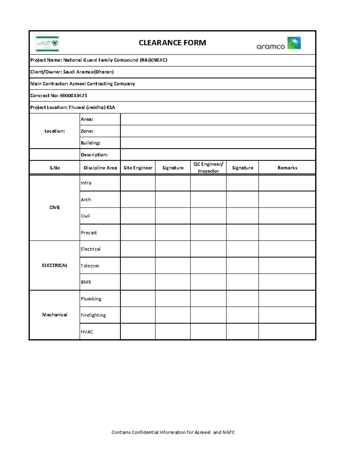 2. MEP Clearance Form(A4)Size 30 Pcs - Area: Zone: Building ...