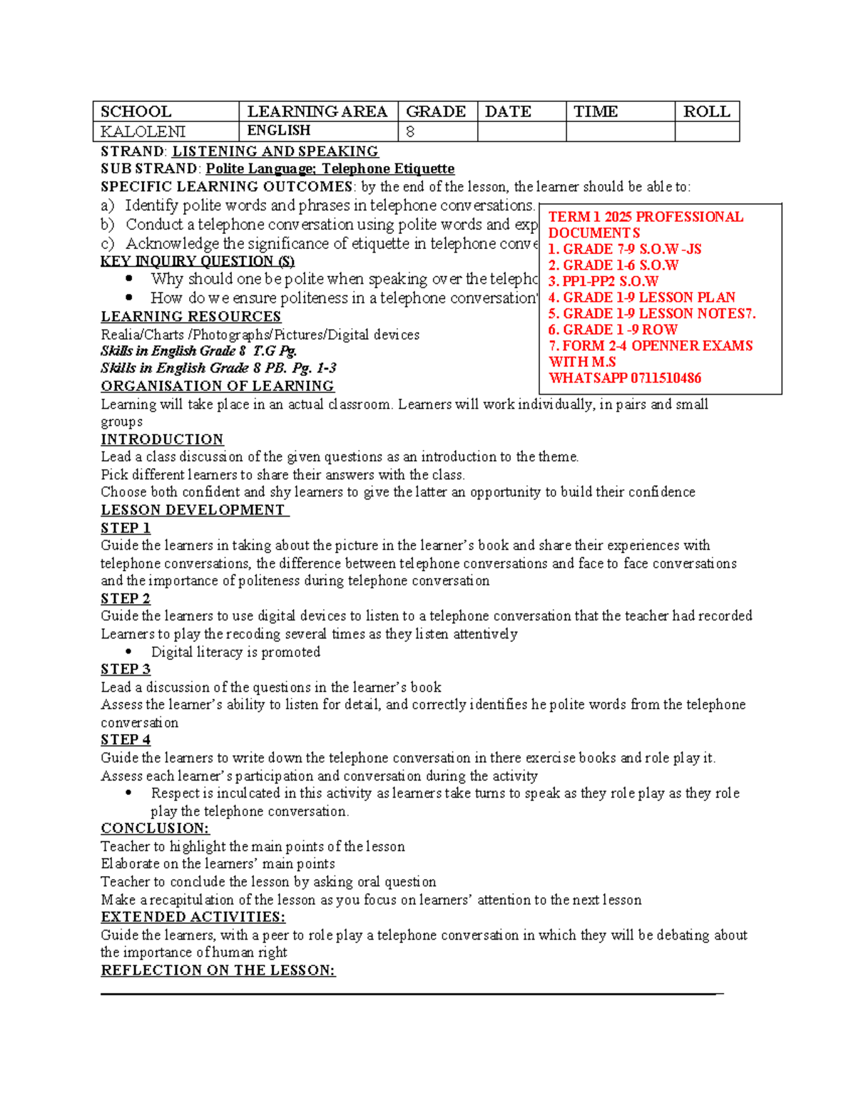 ENG 8 Term 1 Lesson Plan: Polite Telephone Etiquette & Reading Skills ...
