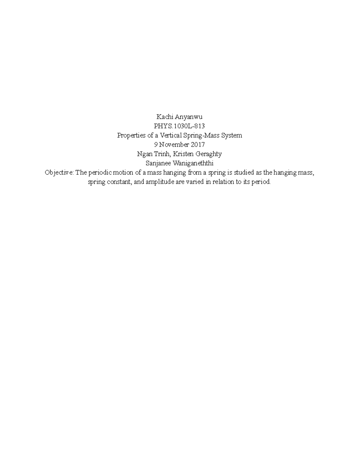 PHYS.1030L: Spring-Mass Lab Analysis and Observations - Studocu