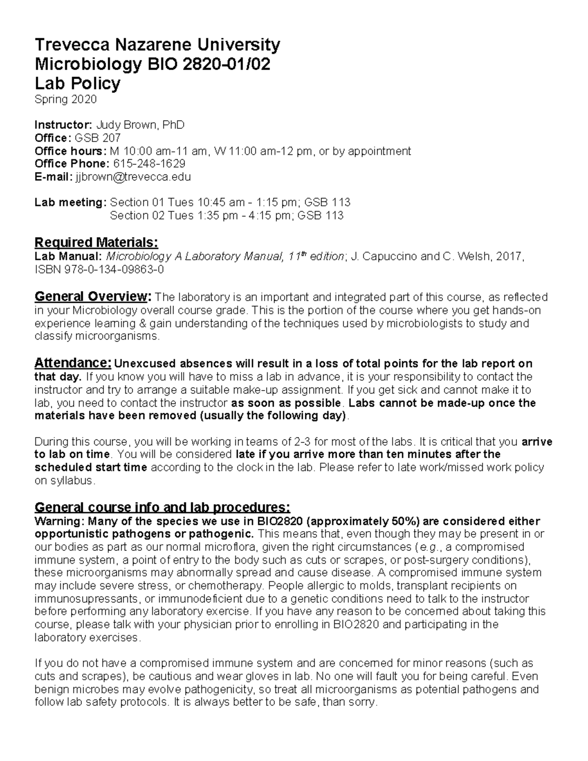 BIO 2820 Lab Policy and Safety Guidelines Spring 2020 - Studocu