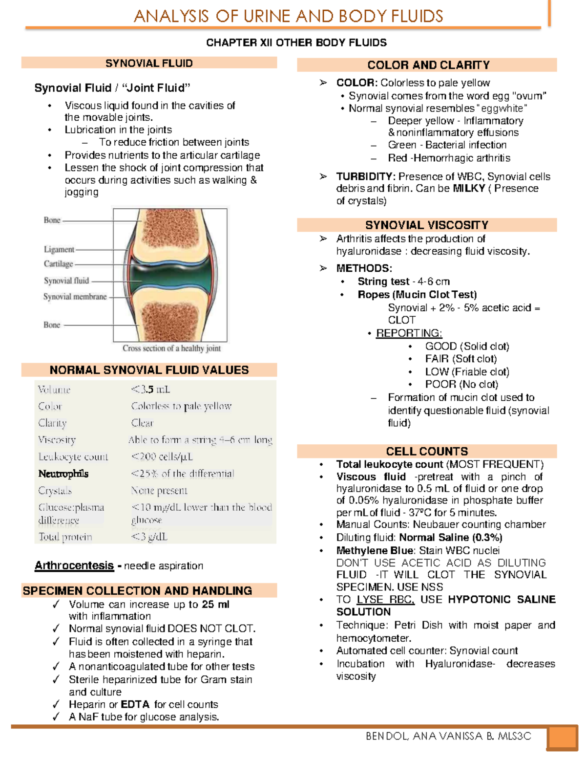 Synovial Fluid Analysis Summary Notes for MLS3C Students - Studocu