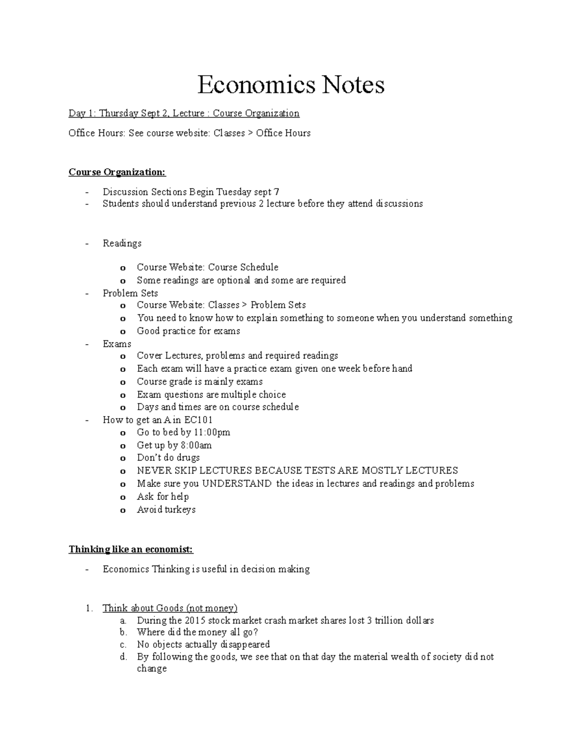EC 101 Lecture Notes - Economics Notes Day 1: Thursday Sept 2, Lecture ...