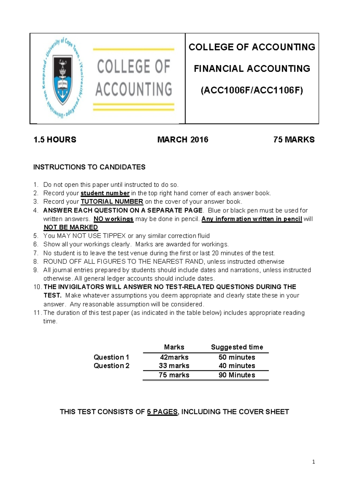 Financial Accounting Test 1 2016: QP & Solutions (75 Marks) - Studocu