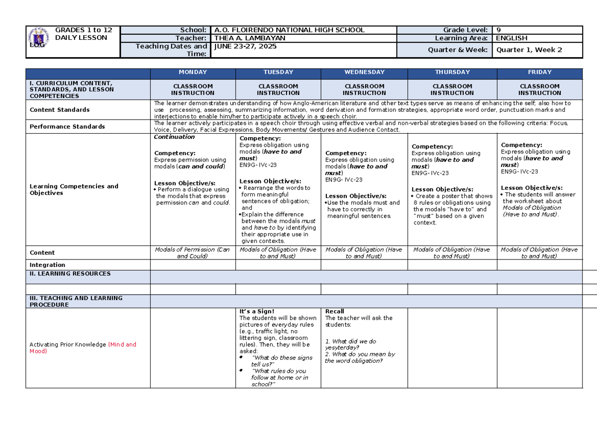 LOG GRADES 1-12 DAILY LESSON PLAN: GRADE 9 ENGLISH (Week 2) - Studocu