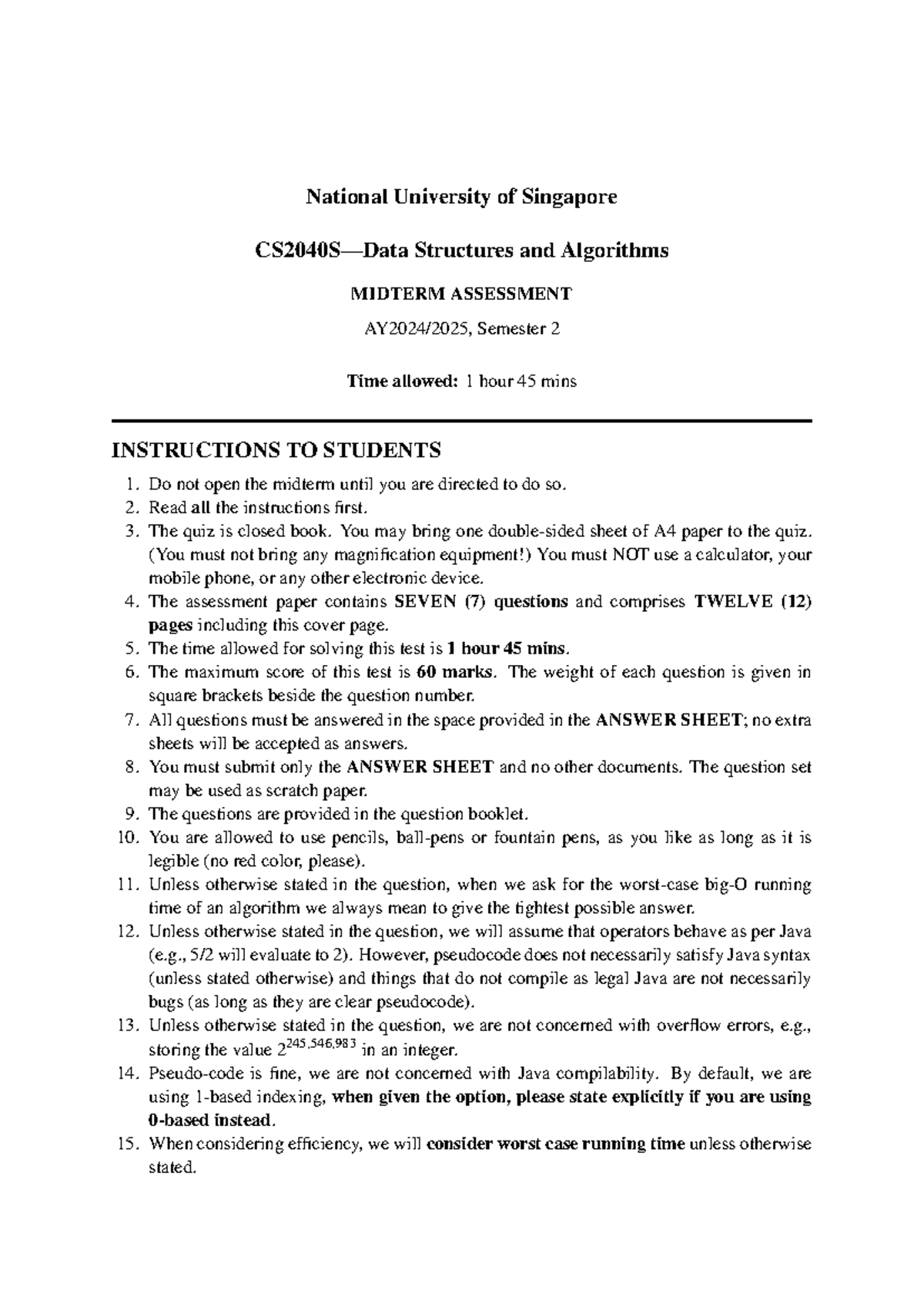 CS2040S Structures and Algorithms Midterm Assessment Sample Document - Studocu