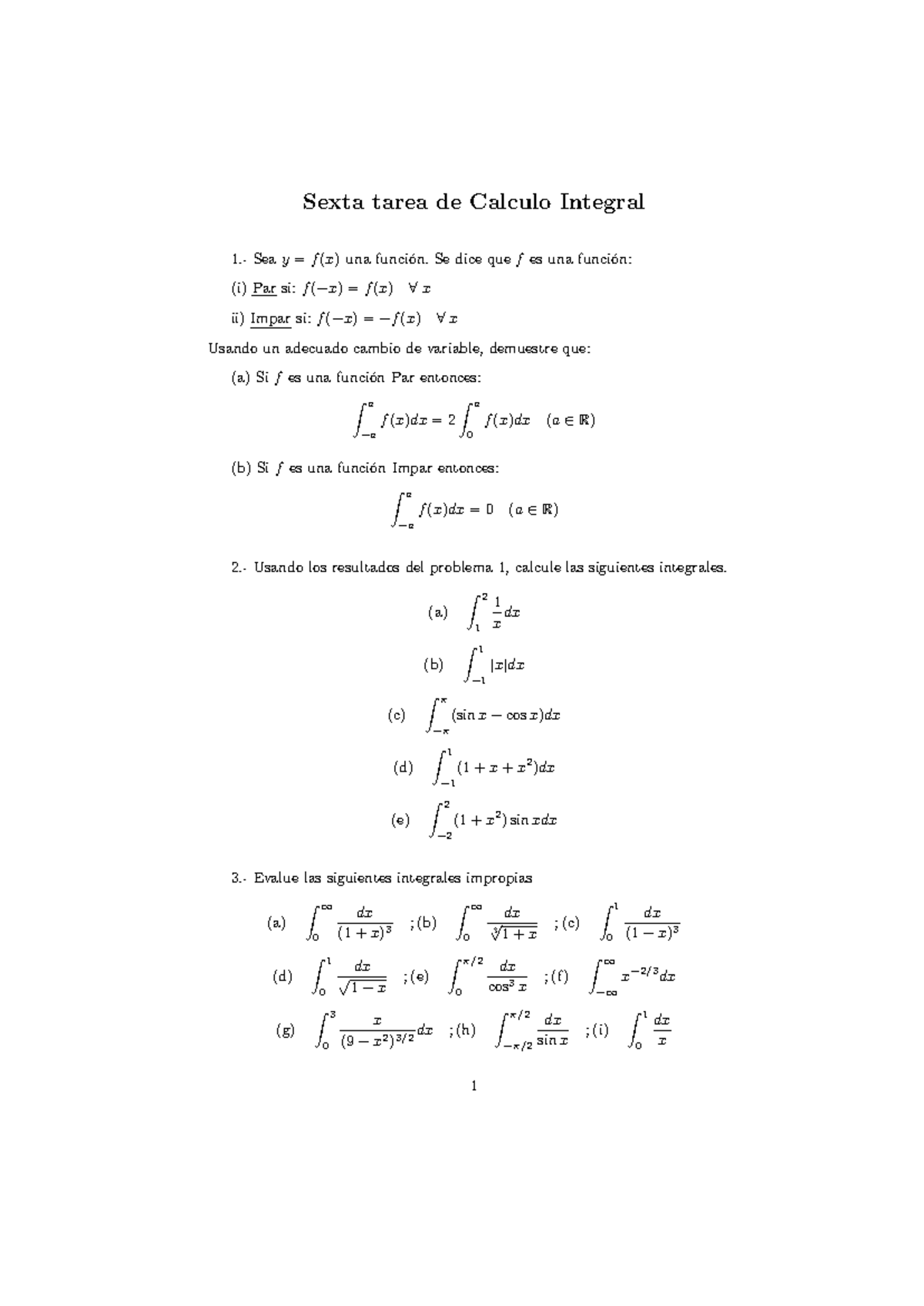Tarea 6 de Cálculo Integral: Funciones Par e Impar y Cálculo de ...