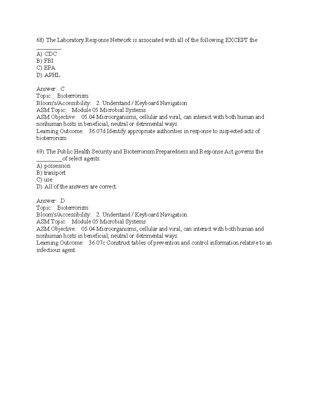 Test Bank for Prescott's Microbiology 12th Ed. (ASM) - Bioterrorism ...