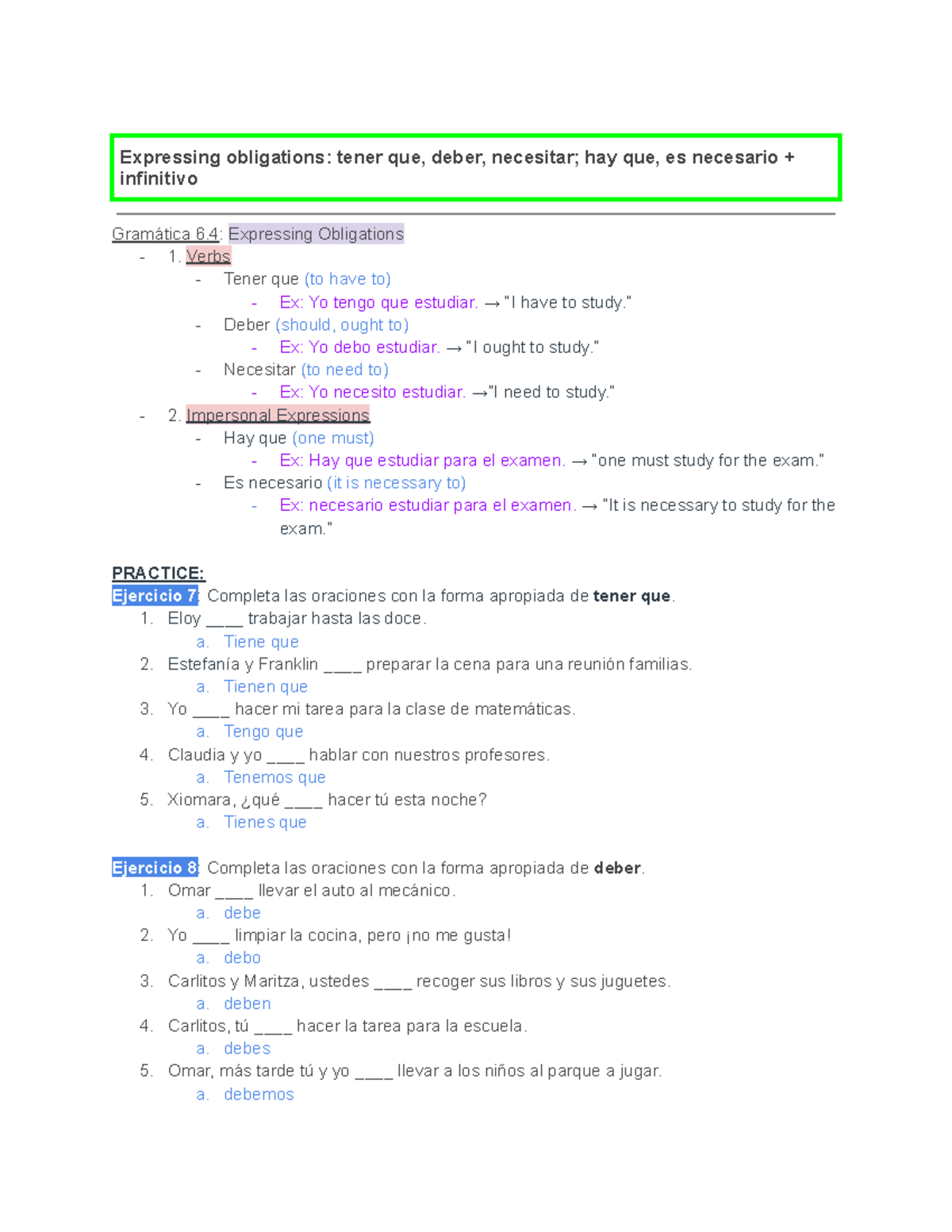 Grámatica 6.4: Expresando Obligaciones y Ejercicios Prácticos - Studocu
