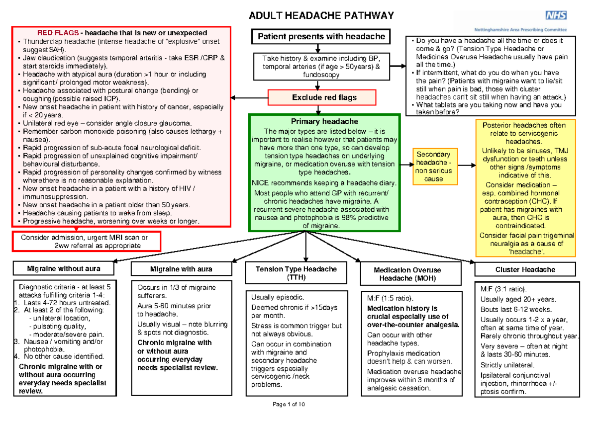 ADULT HEADACHE PATHWAY: RED FLAGS & MANAGEMENT STRATEGIES - Studocu