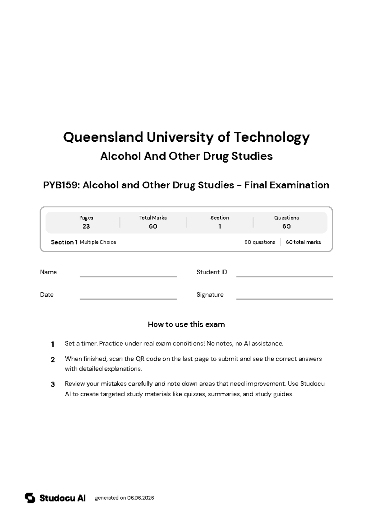 PYB159: Alcohol and Other Drug Studies - Final Exam - Studocu