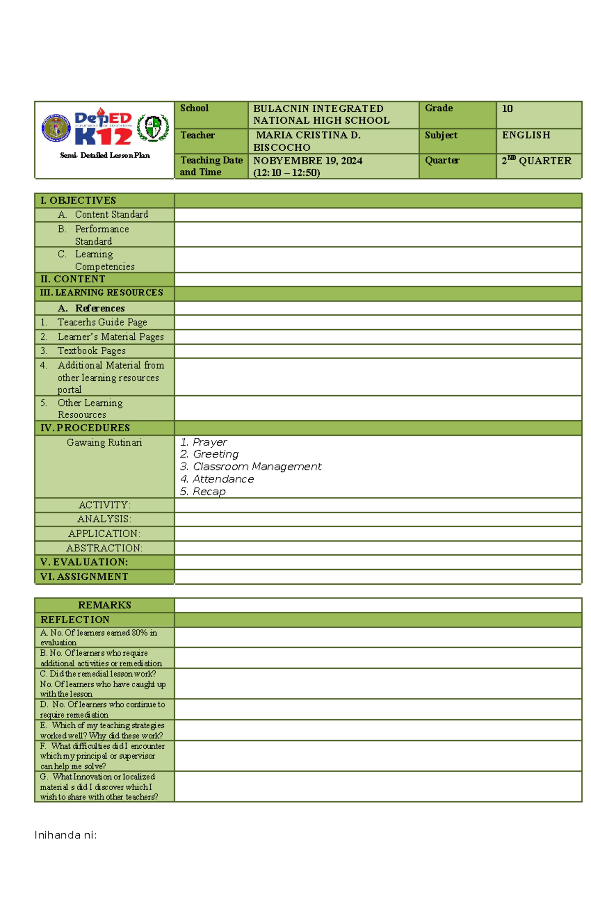 Semi-Detailed Lesson Plan for English (Grade 10) - Bulacnin Integrated ...