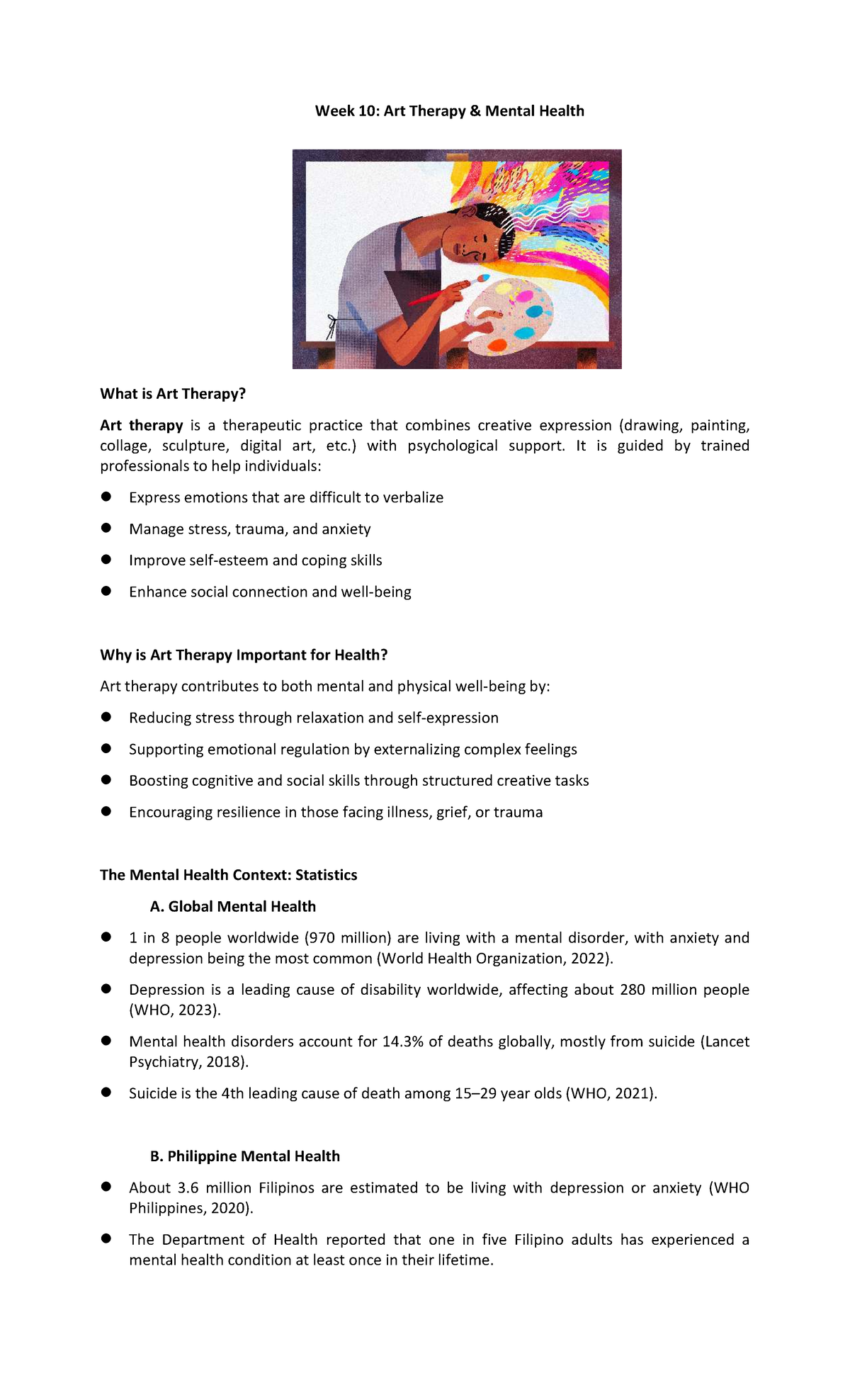 WEEK 10: Art Therapy & Mental Health Insights and Importance - Studocu
