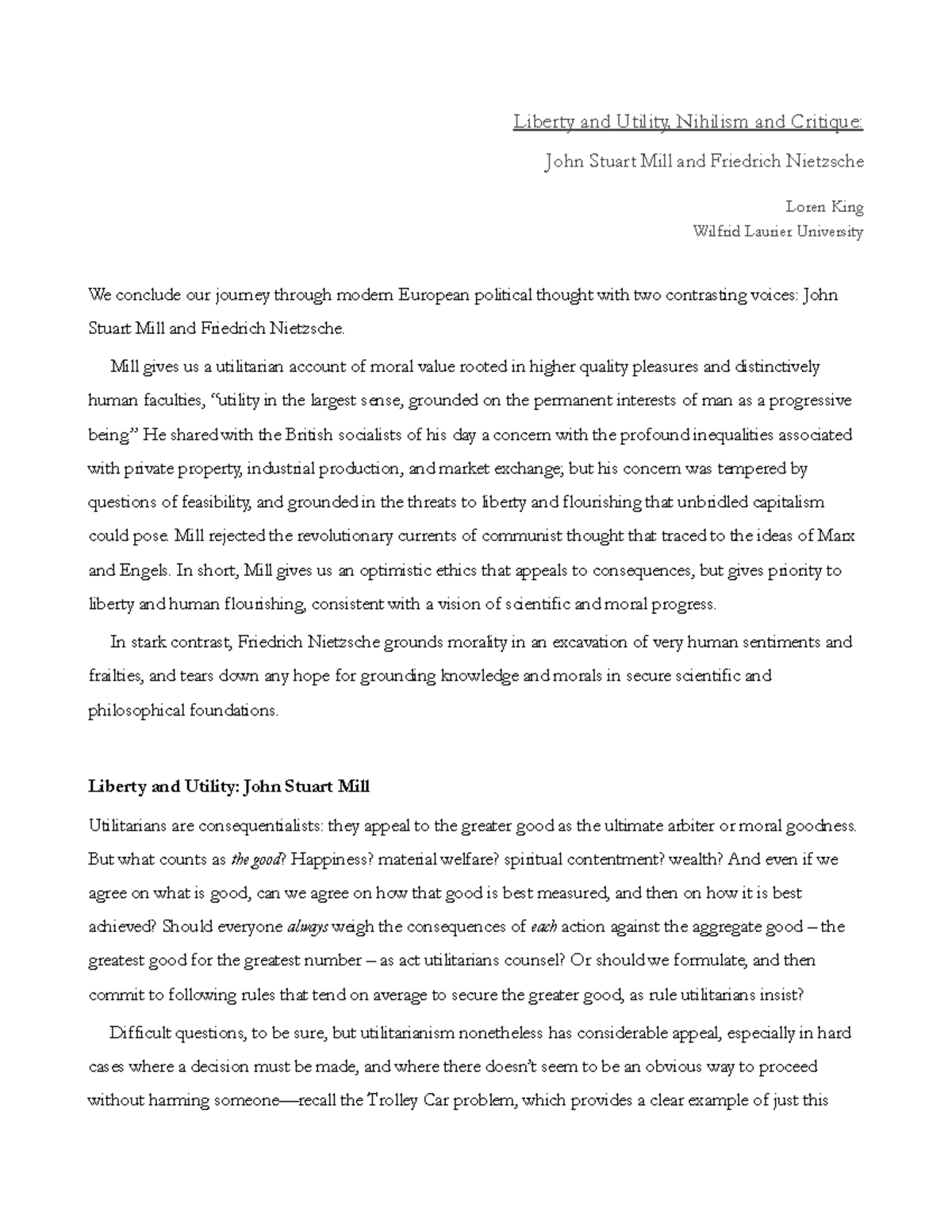 PO237 Week 12 Lecture Notes: Mill vs. Nietzsche on Liberty and Utility ...