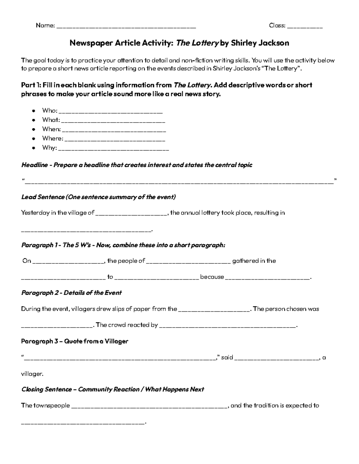 Newspaper Article Activity: The Lottery by S. Jackson - Studocu
