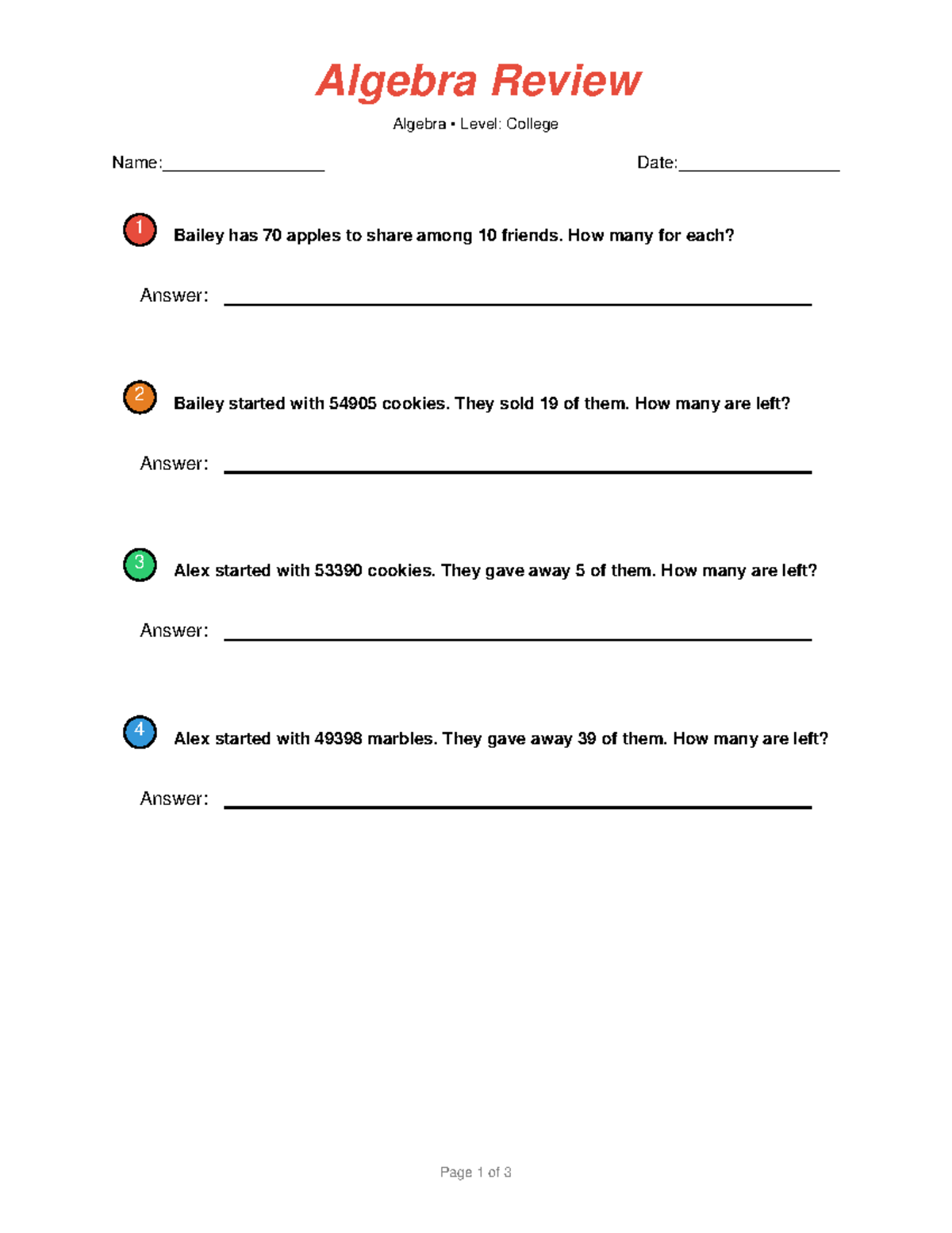 Algebra Review (College 1): Problem Solving & Answer Key - Studocu