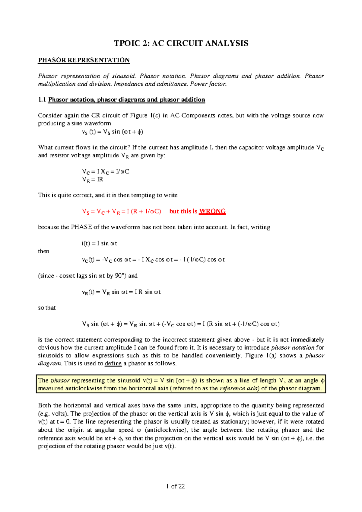 2. AC circuit analysis - TPOIC 2: AC CIRCUIT ANALYSIS PHASOR REPRESENTATION Phasor ...