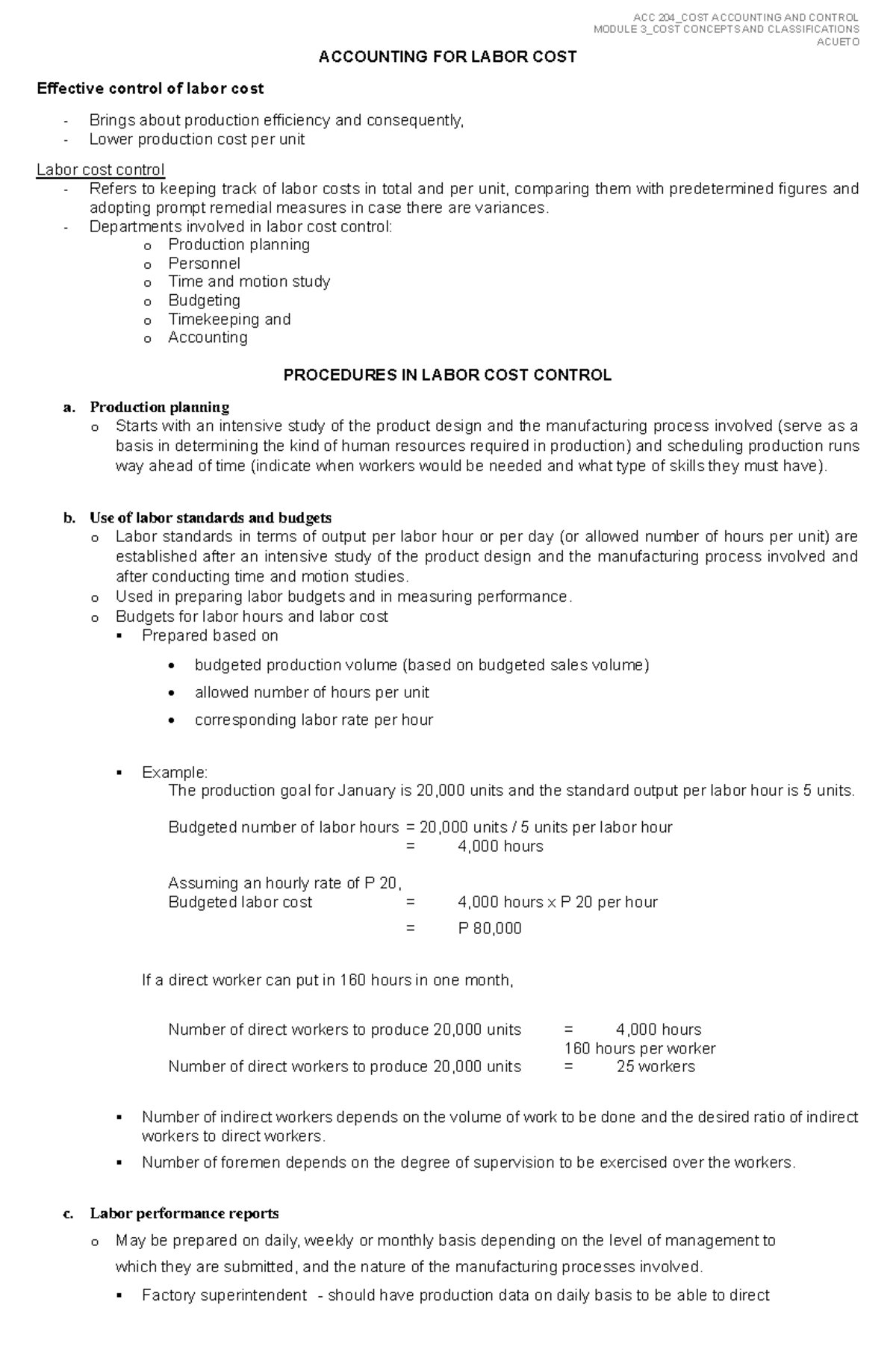ACC 204_COST ACCOUNTING AND CONTROL MODULE 3_LABOR COST CONTROL - Studocu