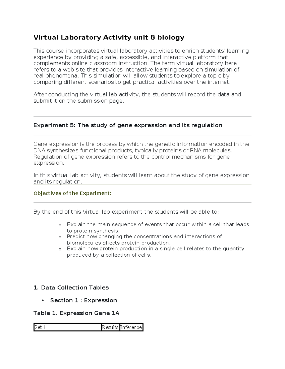 Virtual Lab Activity: Gene Expression & Regulation Unit 8 Biology - Studocu