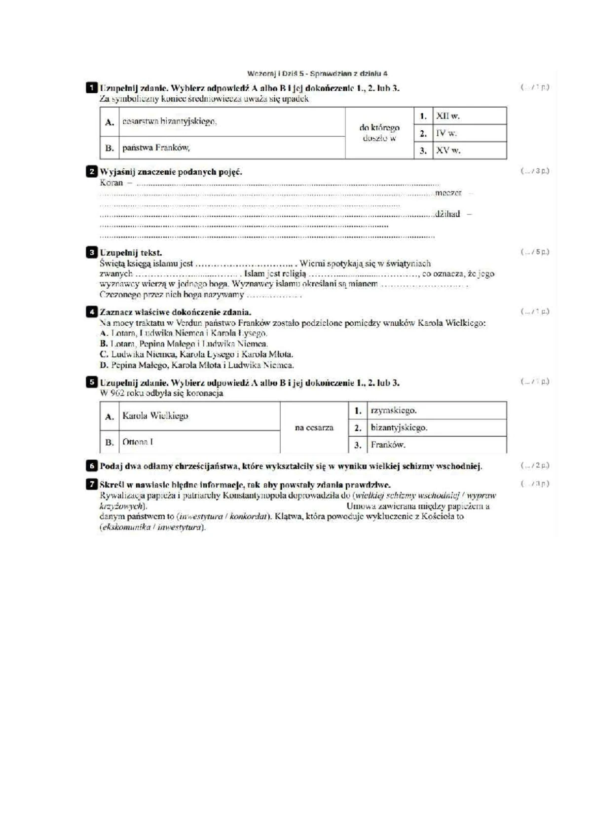 Historia Wczoraj i Dziś kl. 4 Sprawdzian Rozdział 3 Grupa A - Studocu