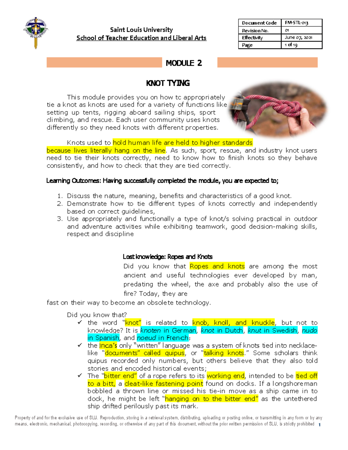 FIT OA Module 2 - Lecture on knot tying - Property of and for the ...