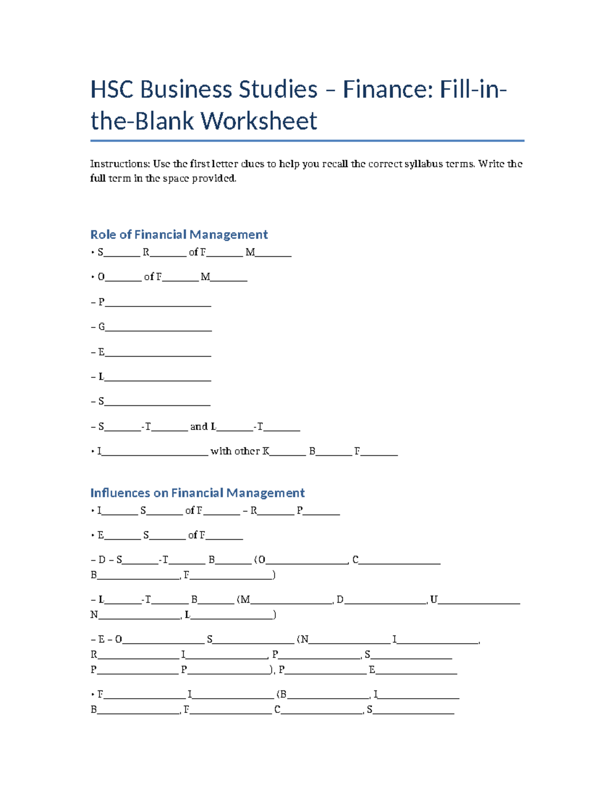 HSC Finance Fill-in-the-Blank Worksheet - HSC Business Studies ...