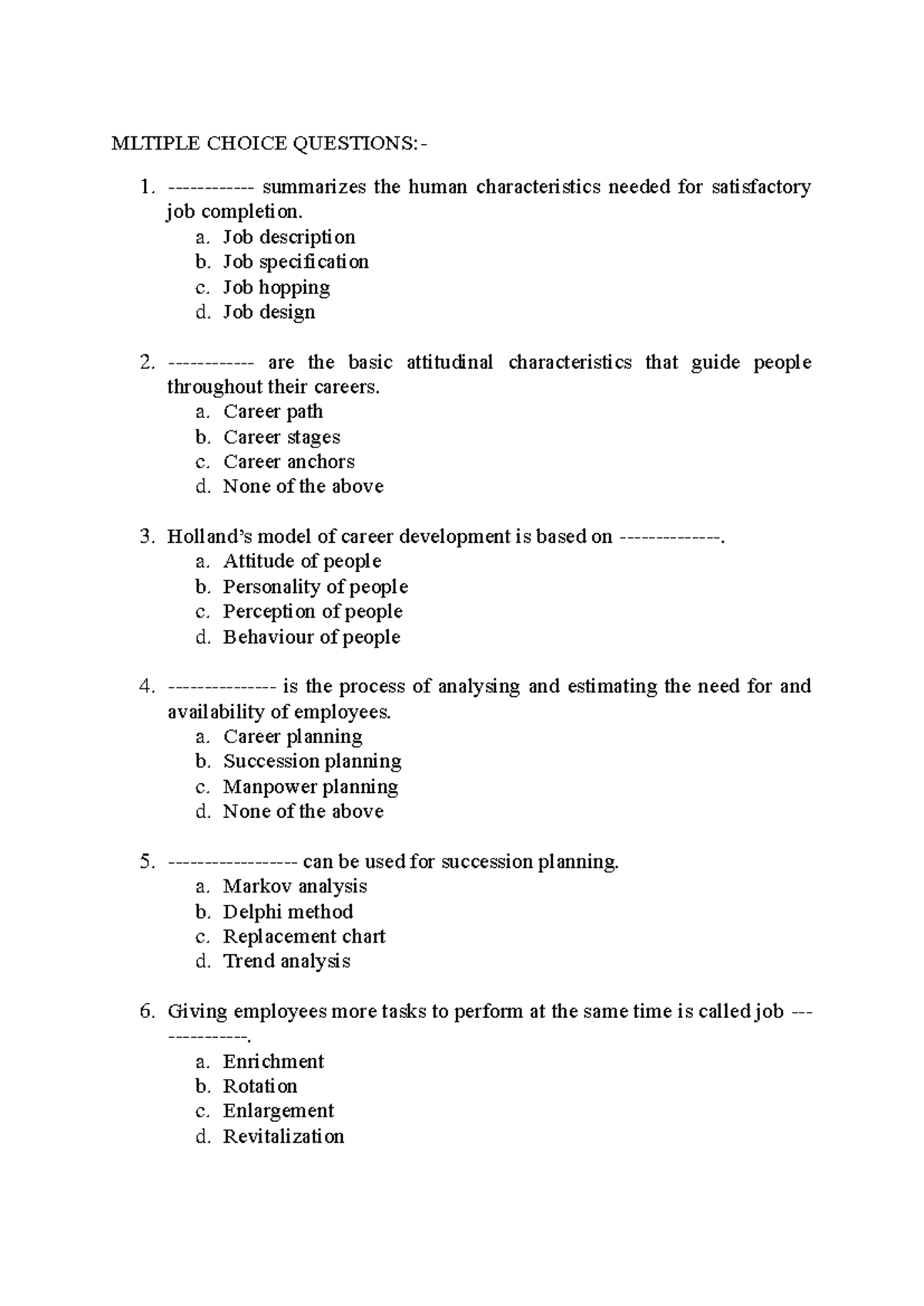 HRM - Multiple Choice Questions on Career Development and Job Analysis ...