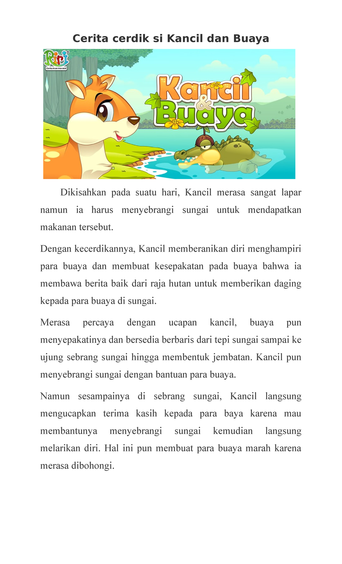 Cerita Anak: Dongeng Kancil, Tikus, dan Kisah Inspiratif lainnya - Studocu