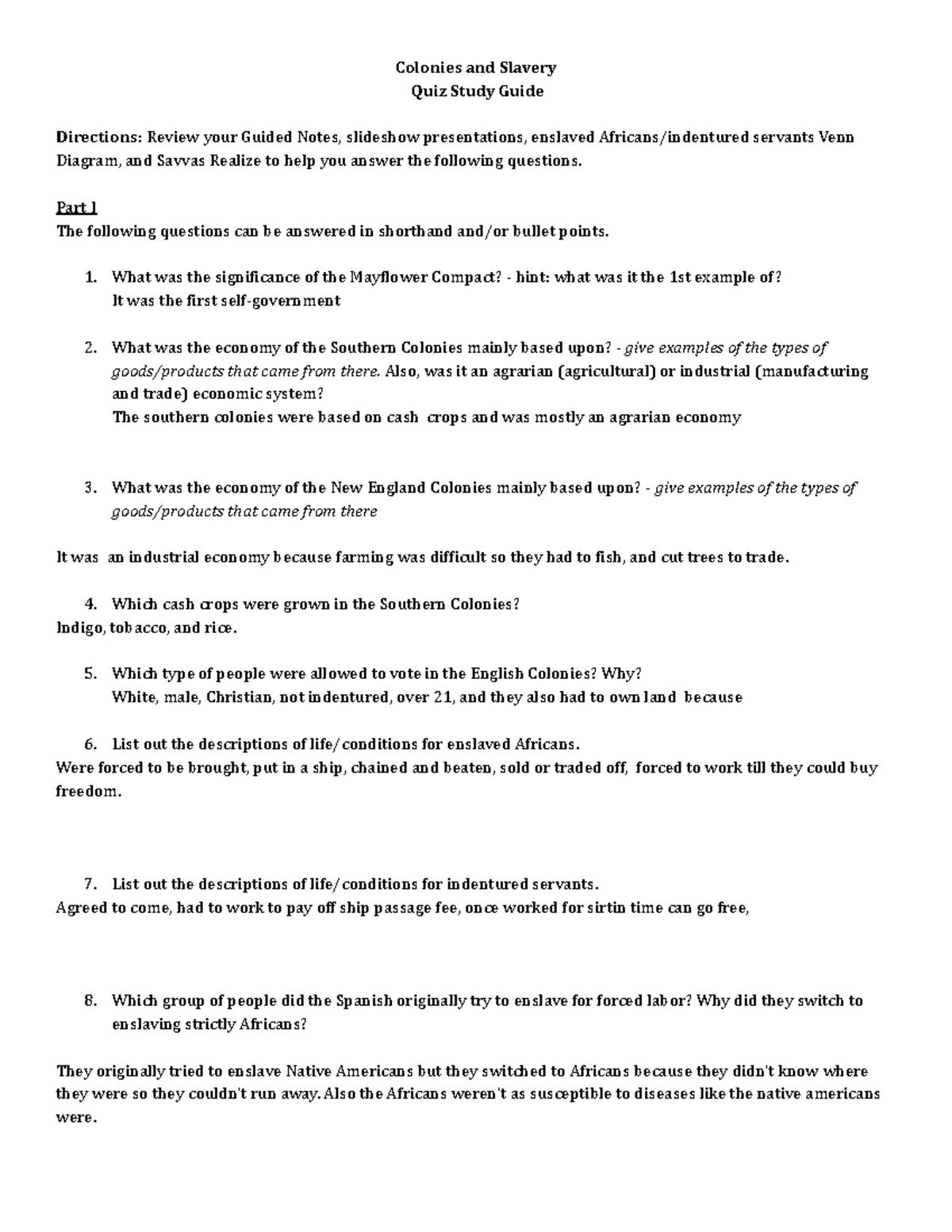 Colonies and Slavery Quiz Study Guide: Key Points & Insights - Studocu