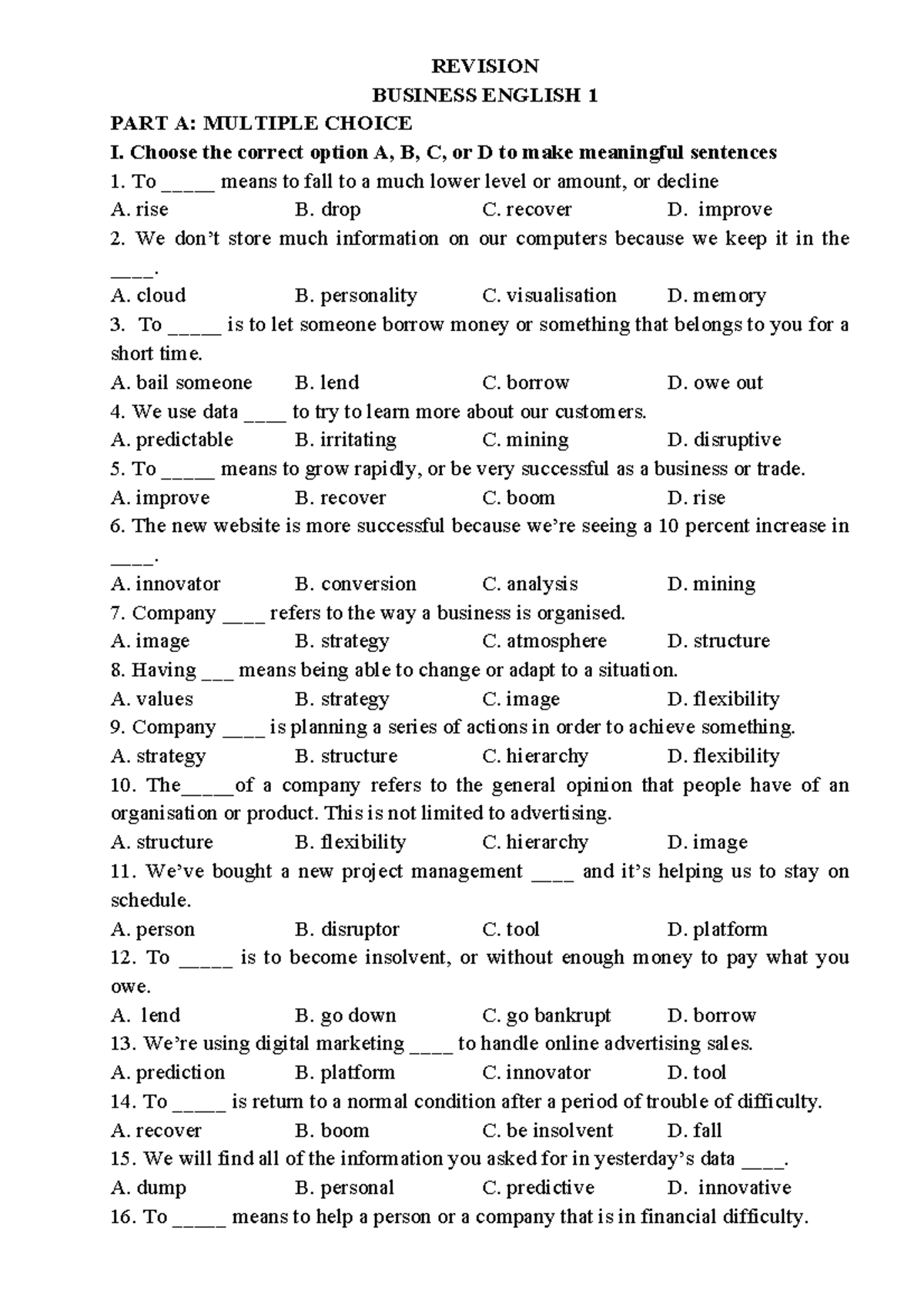 Revision - Business English 1: Multiple Choice Questions and Answers ...