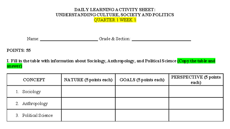UCSP 1-4: Daily Learning Activity Sheets on Culture, Society & Politics ...