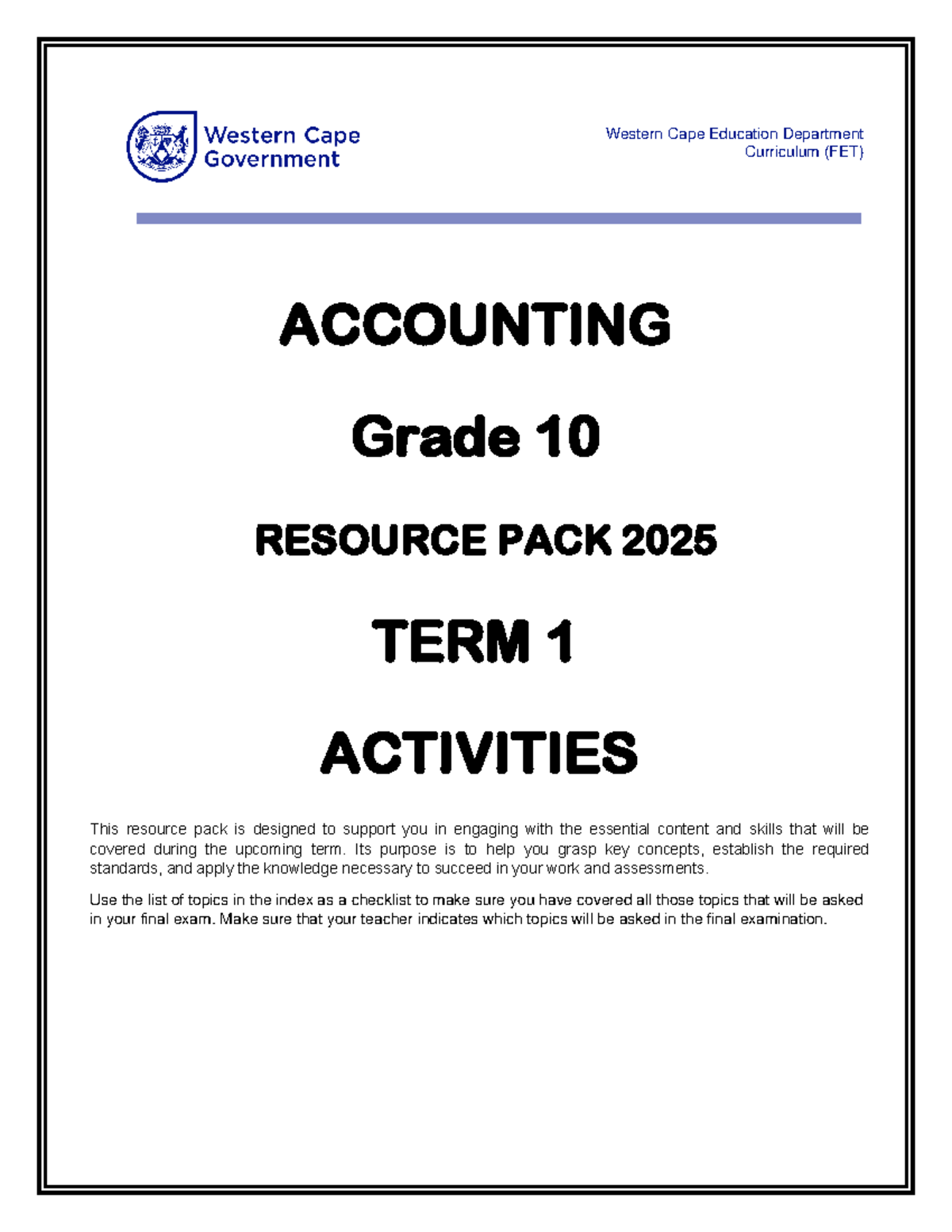 Gr 10 Accounting Resource Pack 2025: Term 1 Activities & Notes - Studocu