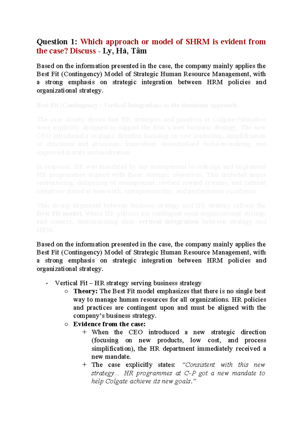 [SHRM] Best Fit Model Analysis in Colgate-Palmolive Case Study - Studocu