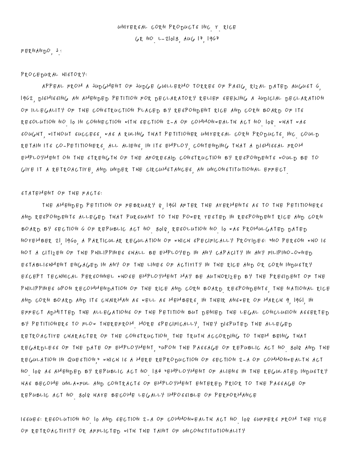 Case Study on Universal Corn Products Inc. v. Rice - G.R. No. L-21013 ...
