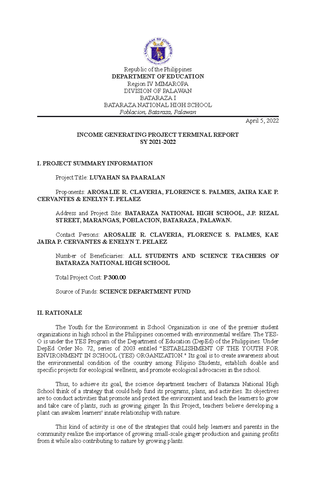 Luyahan-sa-Paaralan-project- Terminal Report 2021-2022 - Republic of ...