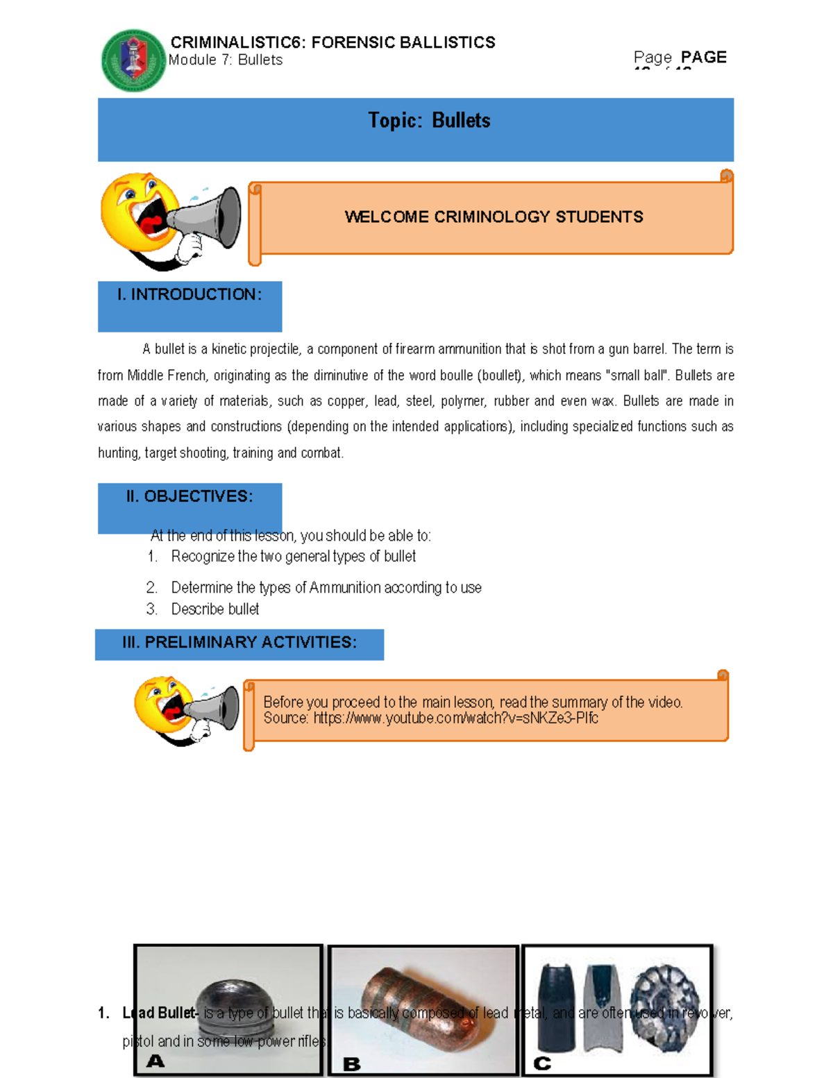 CRIMINALISTIC6: FORENSIC BALLISTICS Module 7: Understanding Bullets ...