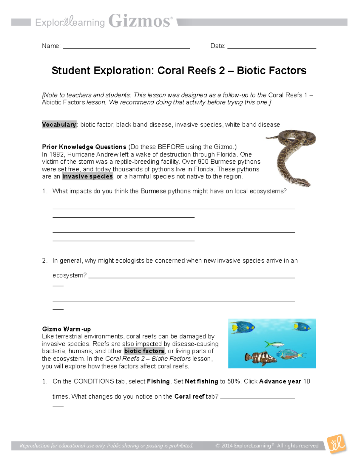 Coral Reefs 2 SE 2n8i0m6 - Name: Date: Student Exploration: Coral Reefs ...